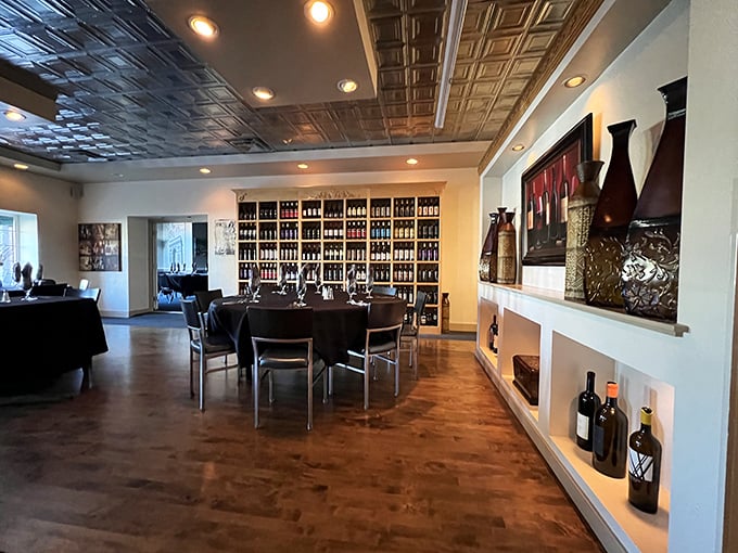 Wine lovers, rejoice! This isn't just a dining room; it's a liquid library waiting to be explored.