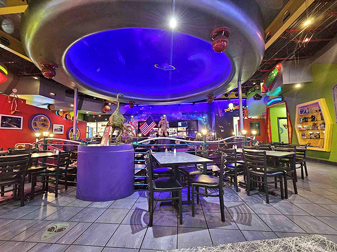 Step inside and prepare for liftoff! The interior is a kaleidoscope of alien kitsch that would make E.T. feel right at home.