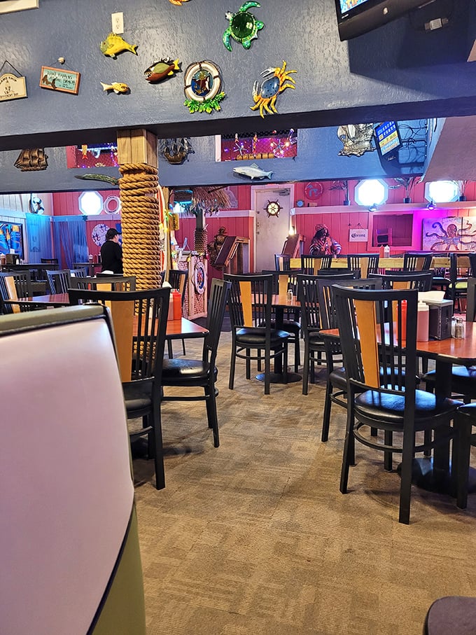 Step inside and you're suddenly in Poseidon's playroom! The whimsical decor is a feast for the eyes, rivaling the actual feast to come.