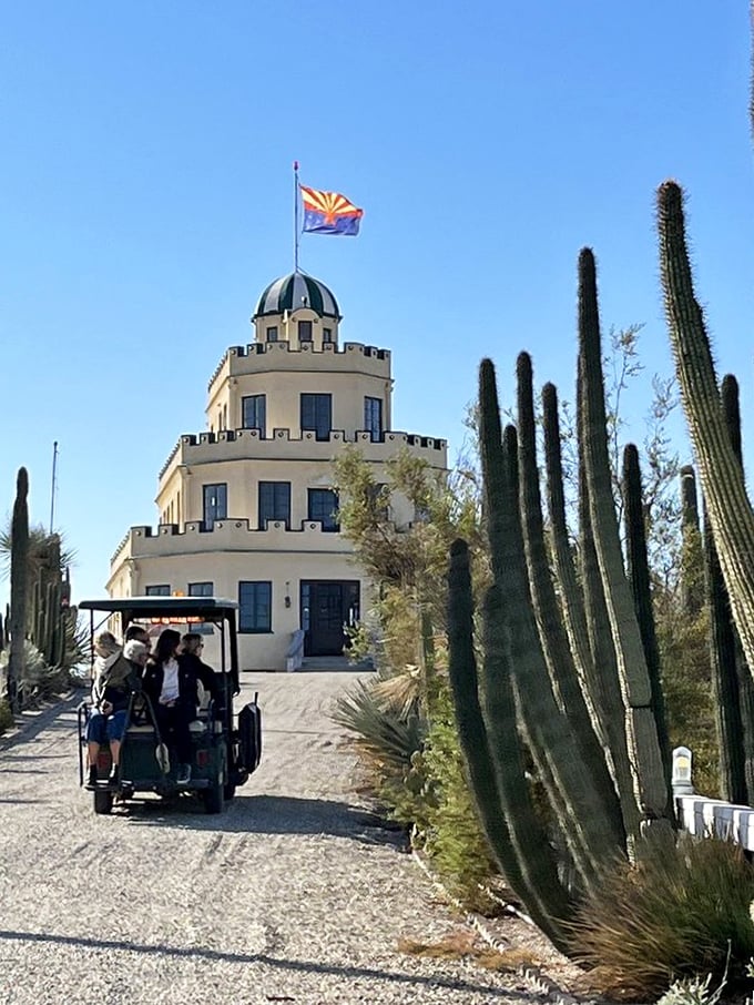 All aboard the castle express! This chariot of curiosity whisks visitors through a prickly paradise to Phoenix's hidden gem.