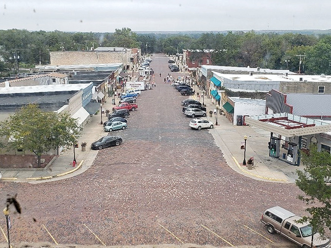 Broadway Street's brick-paved expanse invites leisurely strolls and window shopping, a Main Street USA that Norman Rockwell would have painted if he'd ventured into the Flint Hills.