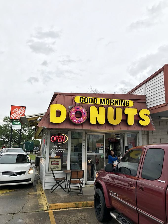 Step right up to happiness! This unassuming entrance is your portal to a world where calories don't count and joy comes glazed.
