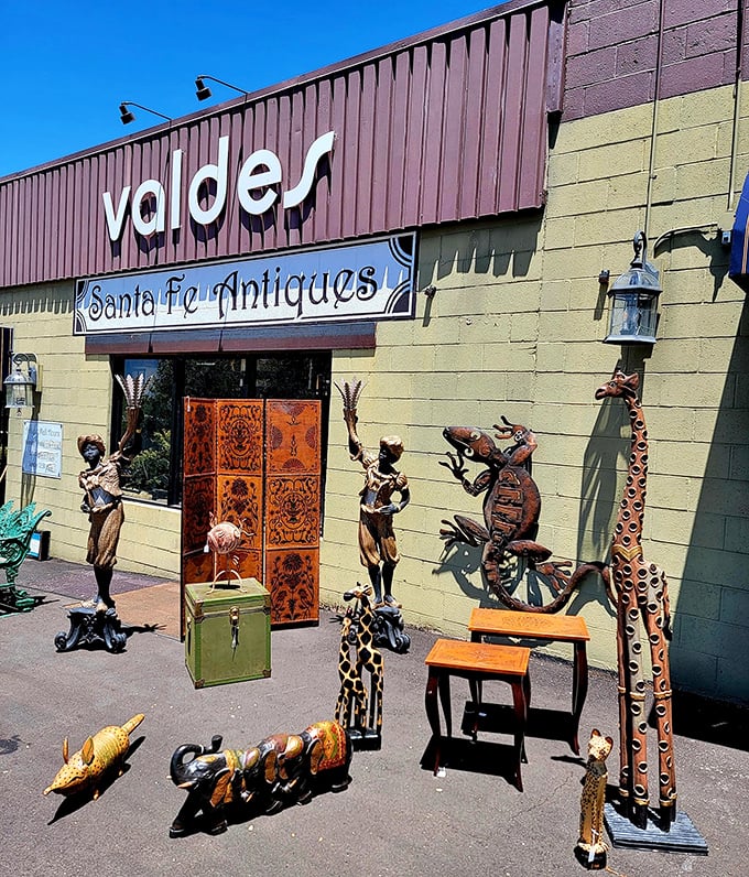 Valdes: Where the Wild West meets vintage chic. This facade is like a movie set come to life, complete with metal menagerie standing guard.