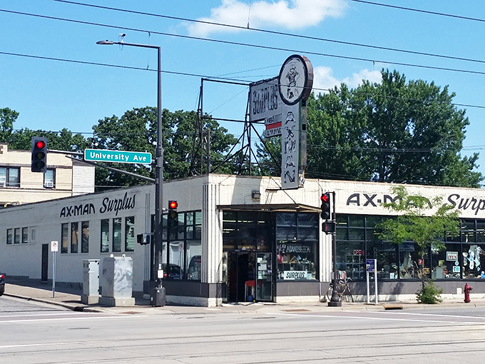 Perched on the corner of University Avenue, Ax-Man Surplus stands like a beacon for the curious and creative. Its iconic sign promises adventures in the unexpected.