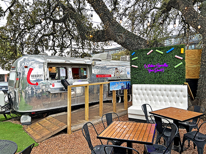 Outdoor seating fit for royalty &ndash; if royalty wore stretchy pants. Gourdough's al fresco dining area is perfect for people-watching and donut-devouring.
