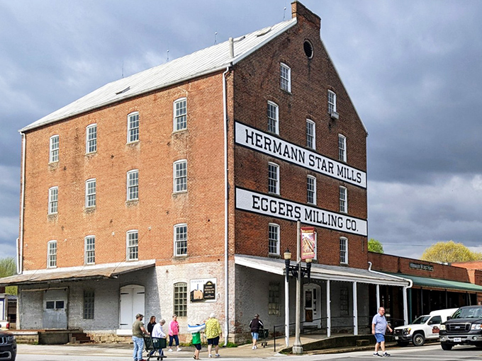 This imposing brick mill stands as Hermann's industrial cathedral &ndash; where grain once became glory and history remains etched in every weathered brick.