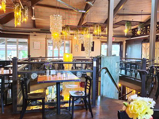 Step into a steampunk enthusiast's dream dining room. The chandeliers look like they were crafted by Einstein during a particularly whimsical phase.