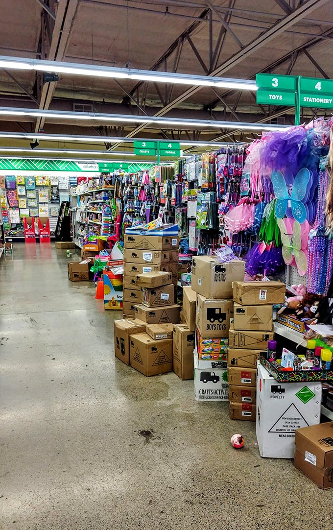 Boxes waiting to become discoveries&mdash;the toy and craft section mid-restock reveals the behind-the-scenes magic of how this wonderland maintains its ever-changing inventory.