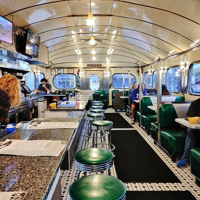 Step inside and you're transported to the golden age of diners&mdash;green vinyl booths, chrome accents, and that unmistakable barrel-vaulted ceiling create the perfect breakfast backdrop.