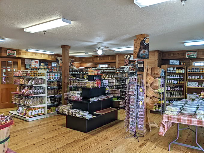 Wooden shelves lined with jars and packages create an old-world pantry feel, where time slows down and modern preservatives don't exist.