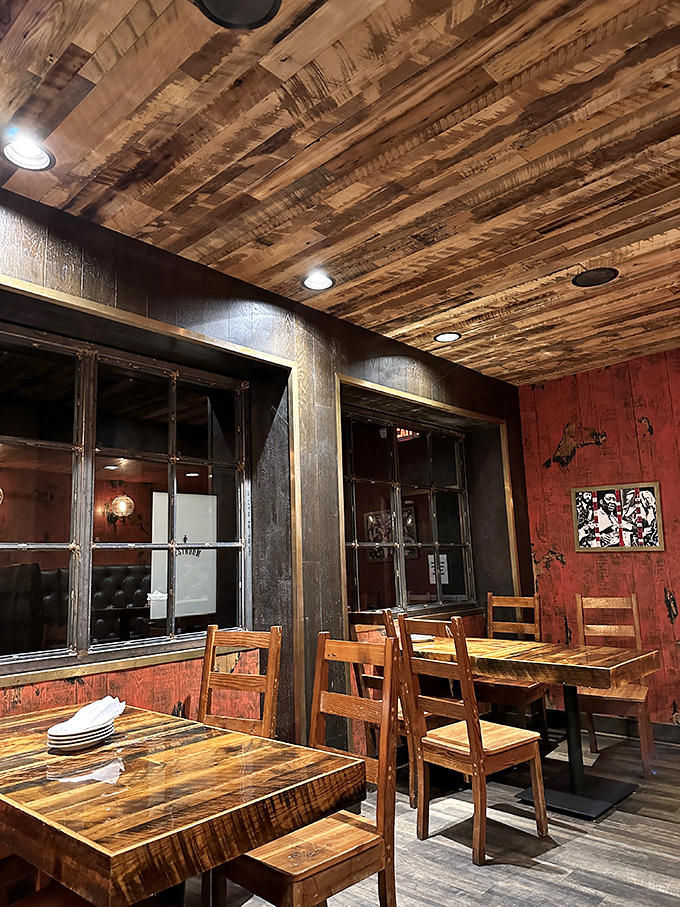 Reclaimed wood ceilings and rustic-industrial charm create the perfect backdrop for comfort food that's anything but ordinary.