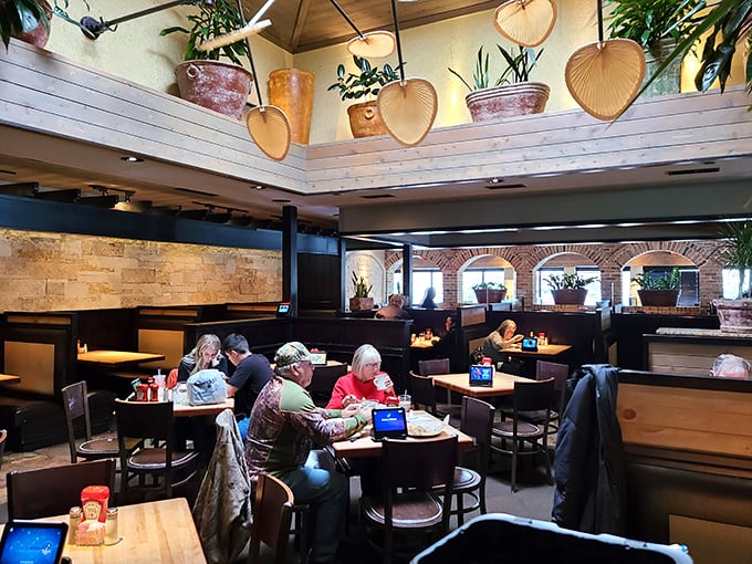 High ceilings adorned with hanging plants create an airy, inviting atmosphere where comfort food meets casual elegance.