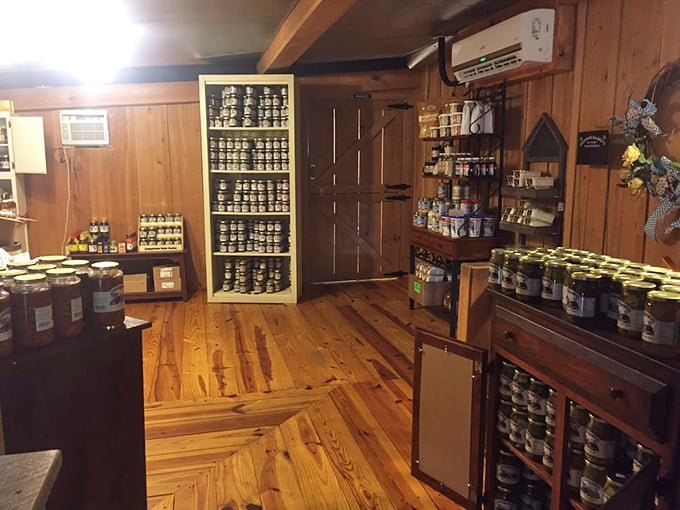 Amish pragmatism meets foodie paradise in this pantry section, where shelves of homemade preserves stand like soldiers guarding flavor traditions.