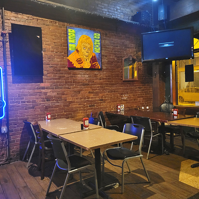 Step into a time capsule of comfort! Sam's interior blends exposed brick charm with quirky art, creating a space where Cheers meets MoMA.