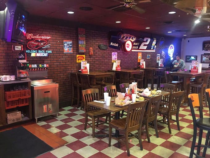 Step into a time machine of taste! The checkered floor and NASCAR memorabilia set the stage for a comfort food journey that'll rev your appetite's engine.