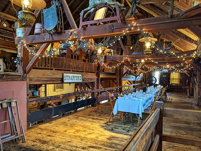 Step into a dining room that's part rustic charm, part fairy tale. With twinkling lights and exposed beams, it's like eating in a colonial-era treehouse &ndash; minus the splinters.