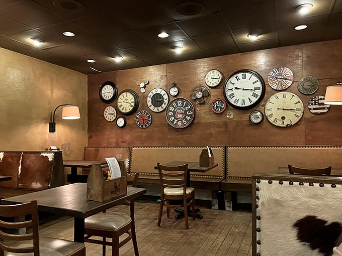 Time stands still, but your appetite won't! This quirky clock-adorned wall sets the stage for some serious burger contemplation.