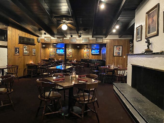 Step into a time machine of taste! This cozy dining room whispers tales of countless satisfied diners, with wood paneling that's seen more prime cuts than a butcher's convention.