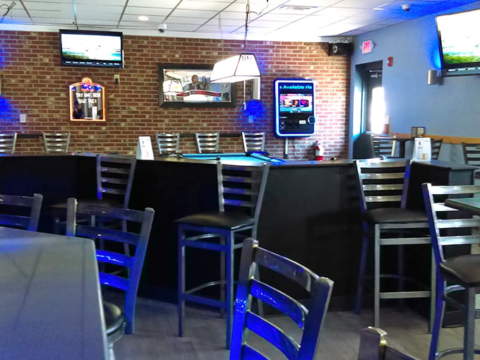 Blue lights and brick walls set the stage for burger bliss. It's like the Batcave, if Batman was really into comfort food.
