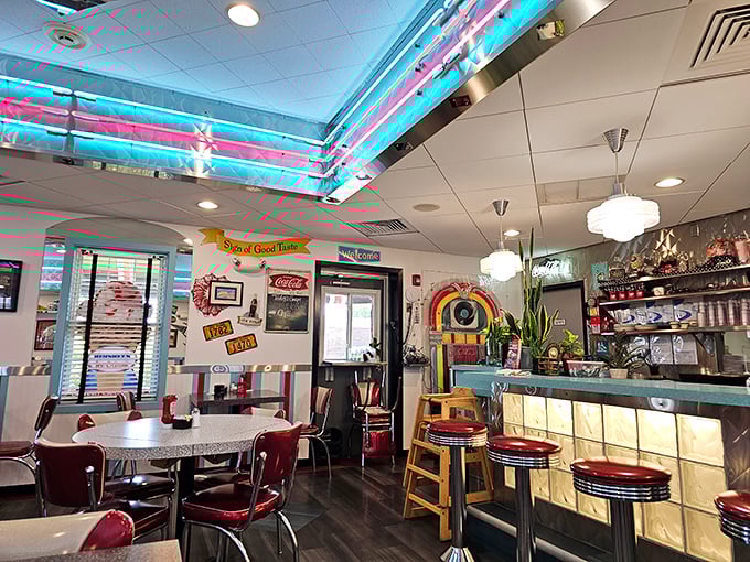 Step inside and let the neon wash over you! This isn't just a diner; it's a time capsule with a side of nostalgia and a sprinkle of rock 'n' roll.