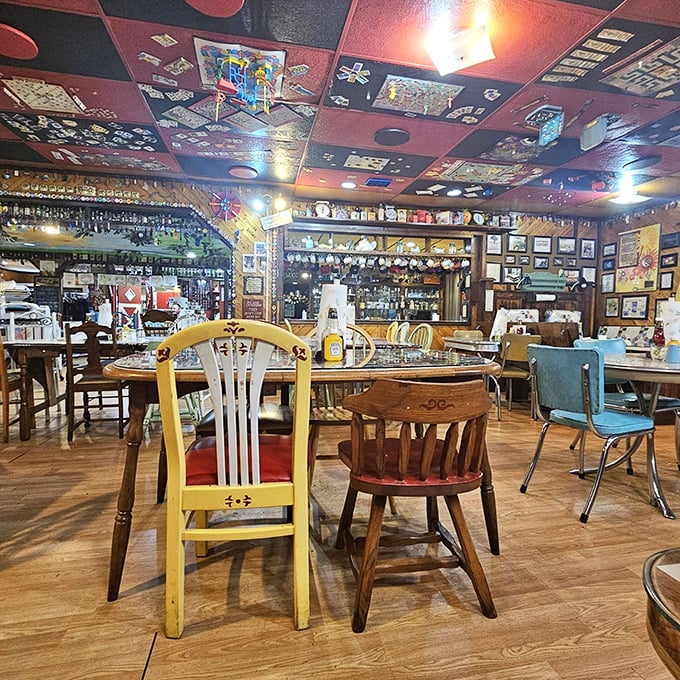 Step inside and feast your eyes on a decor that's part Cracker Barrel, part Willy Wonka's factory. It's like your eccentric aunt's attic threw a party!