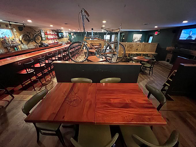 Step inside and you're greeted by a bicycle on the ceiling. It's like someone said, "Let's hang our transportation and focus on mastication!"