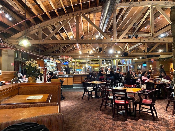 Rustic chic meets Alaskan lodge. The exposed beams and warm lighting create an atmosphere cozier than a bear's winter den.