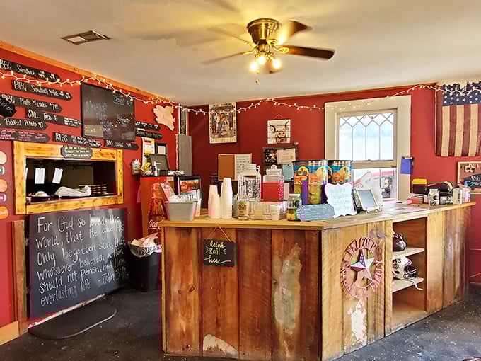 Step into a world where calories don't count and napkins are your new best friend. This interior screams "come as you are, leave as a barbecue convert."