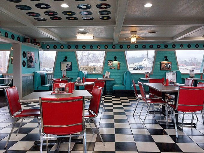 Vinyl records on the ceiling? Check. Checkerboard floor? Double-check. This diner's interior is so authentically retro, you'll wonder if you've stumbled onto the set of "Happy Days."