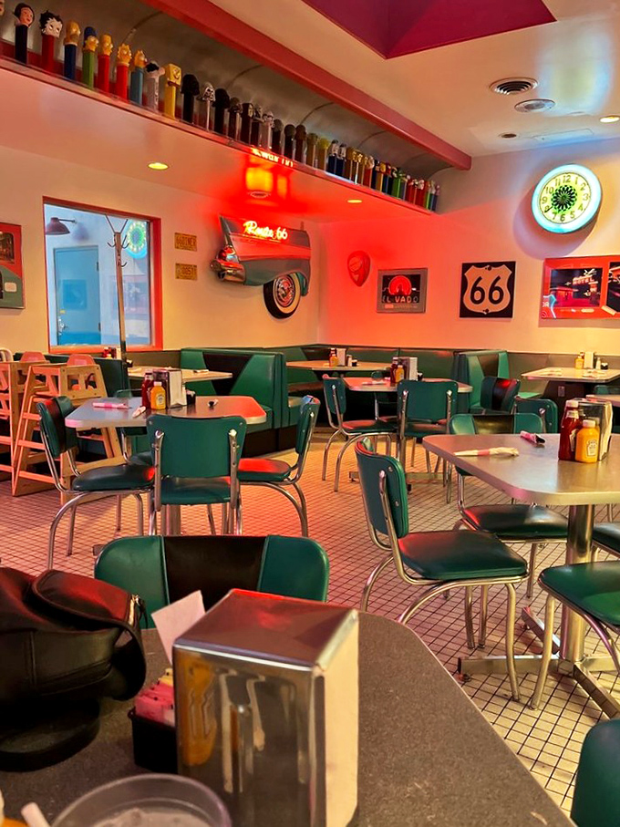 Welcome to the Technicolor dream of diners past! Chrome, neon, and enough 1950s memorabilia to make the Fonz feel right at home.
