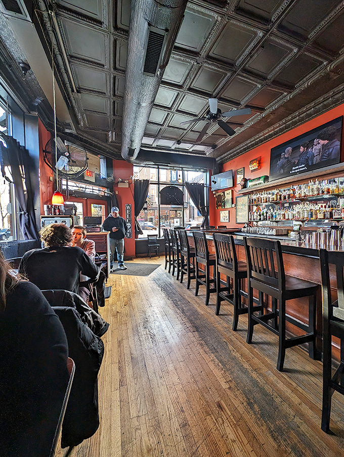Step into burger paradise! The interior is a shrine to metal music and mouthwatering meals, with its tin ceiling and memorabilia-adorned walls.