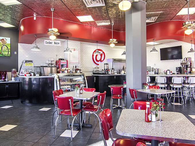 Diner dreams come true in this red and chrome wonderland. It's like the 1950s got a stylish makeover and decided to serve up some serious comfort food.