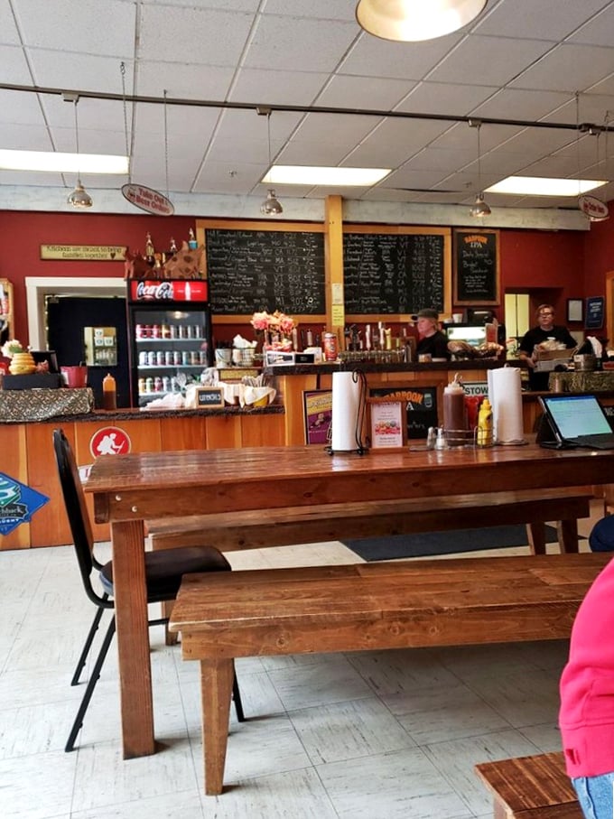 Step into flavor town! The chalkboard menu and rustic decor promise a no-frills feast that'll have you loosening your belt in no time.