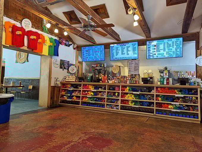 Pizza paradise meets climber's haven. This colorful interior is where dough dreams and mountaineering schemes come to life.