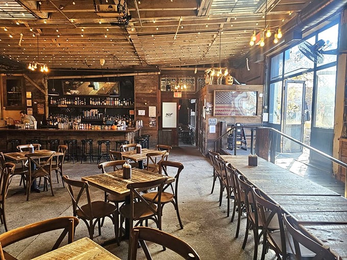 Step into a carnivore's paradise! This rustic interior, with its twinkling lights, sets the stage for a meat-lover's dream come true.