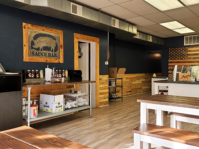 Step into BBQ paradise! This rustic-chic interior, complete with a sauce bar fit for royalty, sets the stage for your meat-centric adventure.