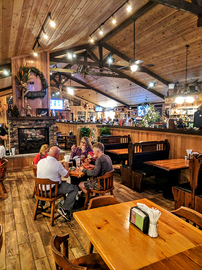 Step into BBQ heaven! With wood-paneled walls and twinkling lights, it's like a hoedown for your senses.