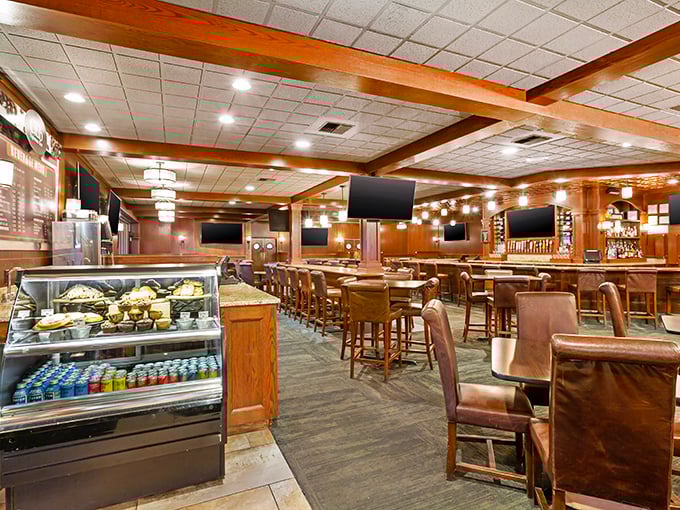 Step into comfort food heaven. The Club's interior is a cozy blend of sports bar charm and your favorite uncle's man cave, complete with wood paneling and inviting leather seats.