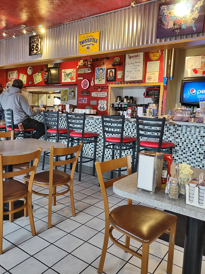Nostalgia overload! The interior of Betty's is a treasure trove of Route 66 memorabilia, making you feel like you've stumbled onto the set of "Happy Days."