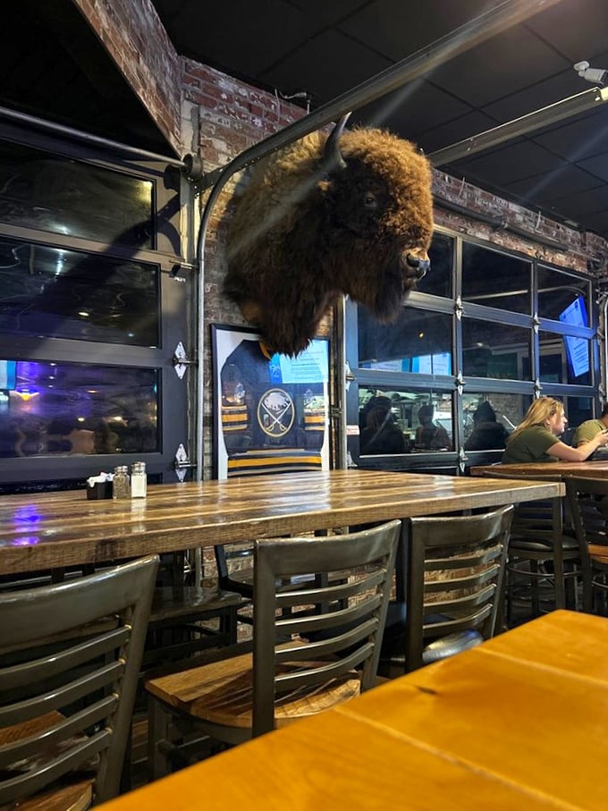 Step inside and let the buffalo head be your spirit guide. It's watching over a treasure trove of sports memorabilia and mouthwatering aromas.