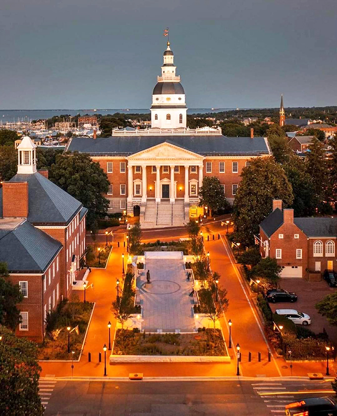 The Maryland State House: Stately by day, downright magical by night. It's like Cinderella's castle, but with more legislation and fewer pumpkins.