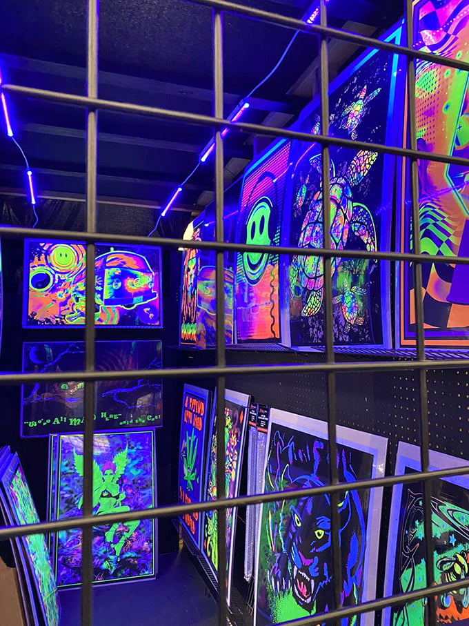 Step into a psychedelic wonderland! This neon poster display is like stumbling into a 1960s rock concert poster collection.