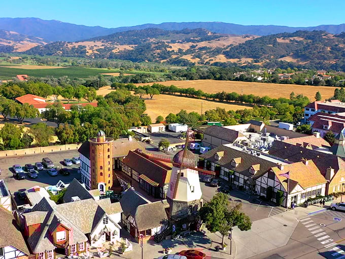Talk about a bird's eye view! Solvang's Danish-inspired architecture nestles perfectly into the rolling hills of Santa Barbara wine country.