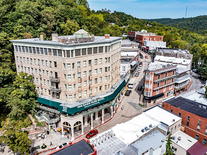 Bird's eye bliss! Eureka Springs nestles into the Ozarks like a cozy quilt, with the Basin Park Hotel standing tall as the town's crown jewel.