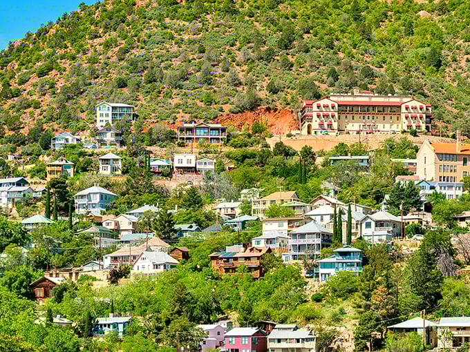 A town that clings to the hillside like a determined mountain goat. Jerome's colorful houses cascade down Cleopatra Hill, defying gravity and common sense.