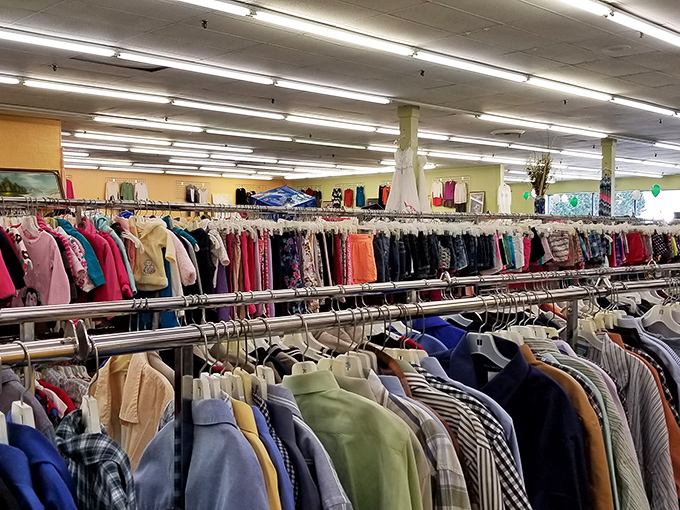 A rainbow of possibilities! Dive into racks upon racks of clothing where every hanger holds the potential for a fashion revolution.