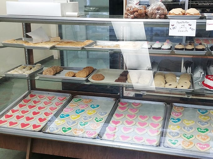 Behold the rainbow of temptation! This display case is like a treasure chest for your taste buds, each shelf a new adventure in deliciousness. Diets, beware!