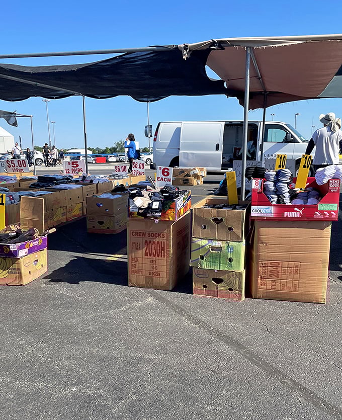 Boxes of bargains and racks of riches! This vendor's setup is like a real-life version of that "Price is Right" game where you guess the cost.
