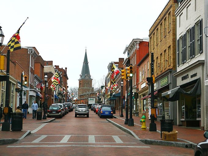 Main Street magic: Where flags flutter, church spires reach skyward, and the promise of adventure lurks around every corner. Annapolis's heart beats with colonial charisma.