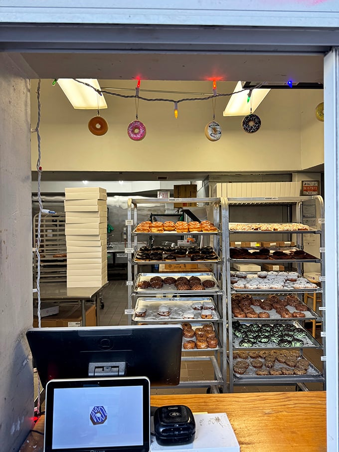 Donut nirvana awaits! Rows of sugary delights tempt from behind the counter, while whimsical decorations dangle overhead. Resistance is futile.